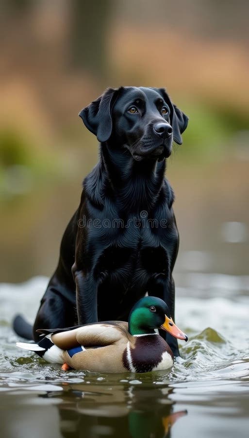 Black Lab Retrieves Mallard Duck, Waterside Setting, Happy, Feathers ...