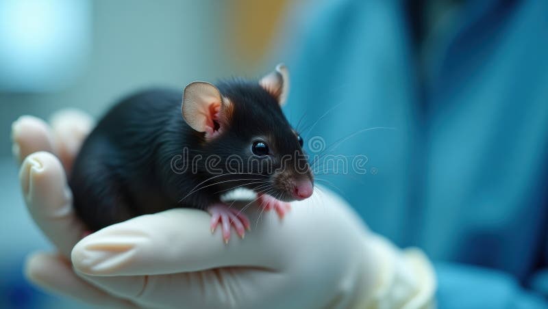 Black Laboratory Mouse Held Gently in Gloved Hands in a Scientific ...
