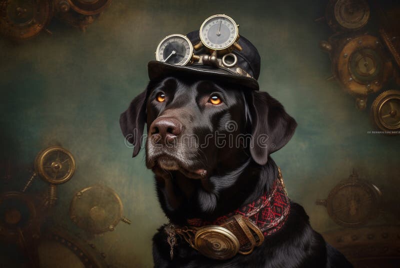 Black Labrador in Cylinder Hat, Portrait in Steampunk Style. Generative ...