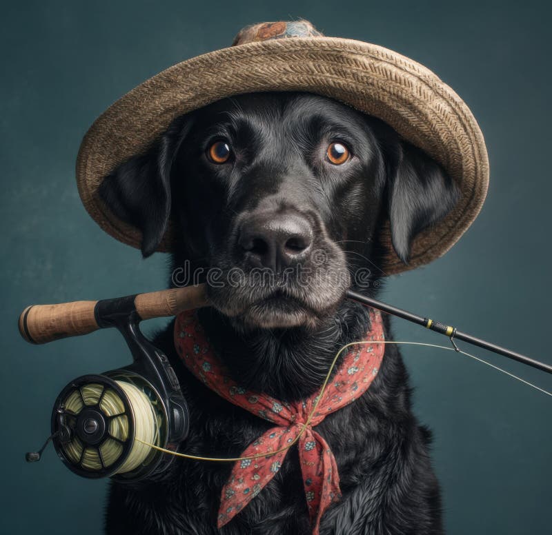 Black Labrador Dog with Fishing Rod and Hat Stock Illustration ...