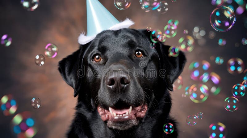 Black Labrador with Party Hat Surrounded by Bubbles, Looking Joyful ...