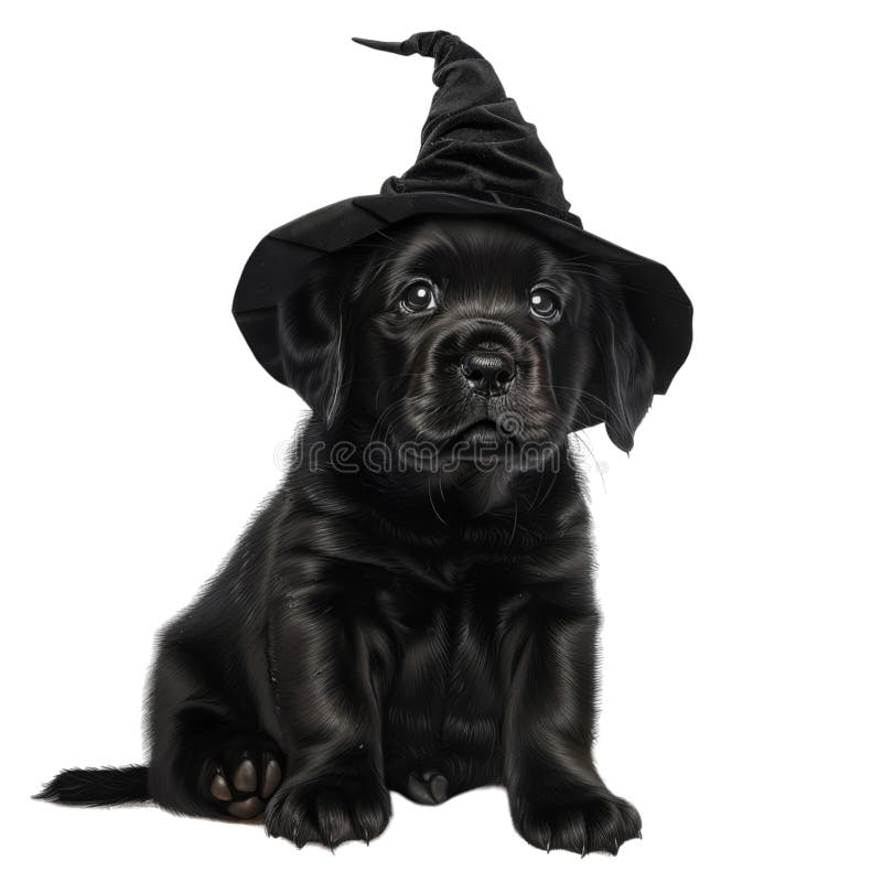 Black Labrador Puppy Wearing a Witch Hat Stock Image - Illustration of ...