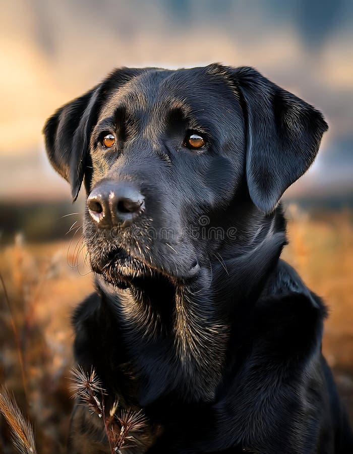 A Black Labrador Retriever Dog Sits Outdoors, Looking Off To the Side ...