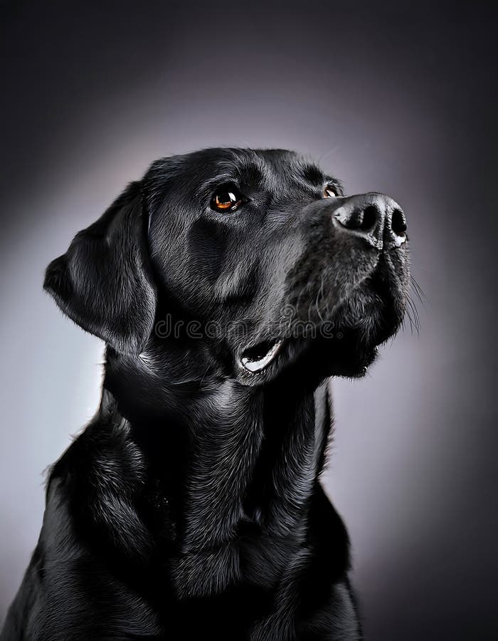 A Black Labrador Retriever Dog Sits Outdoors, Looking Off To the Side ...