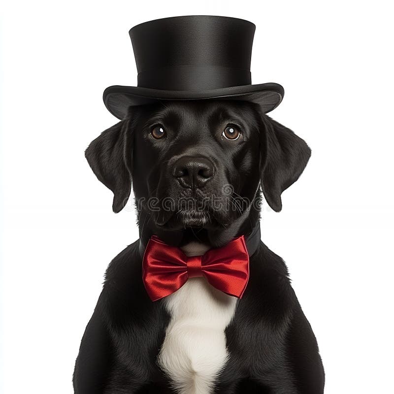 A Black Labrador Retriever Dog Wearing a Top Hat and Bowtie Stock ...