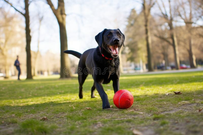 A Black Labrador Retriever Playing with a Red Ball in a Park Stock ...