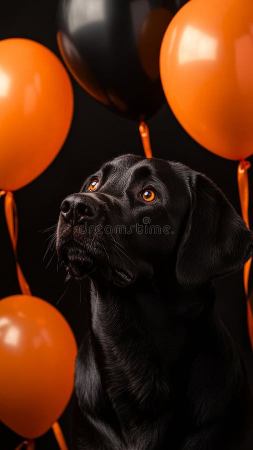 Black Labrador Retriever Surrounded by Orange and Black Balloons Stock ...