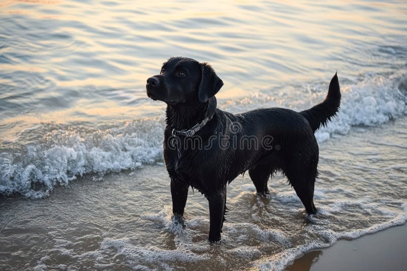 Black Labrador Standing in Shallow Water at the Edge of the Sea during ...