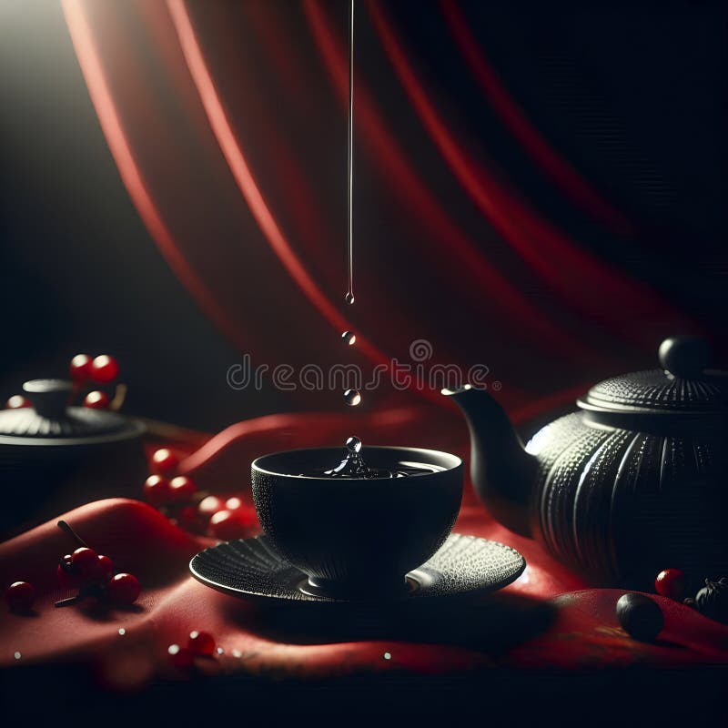 Black Lacquer Tea Set Against a Red Silk Backdrop, Ai Created Image ...