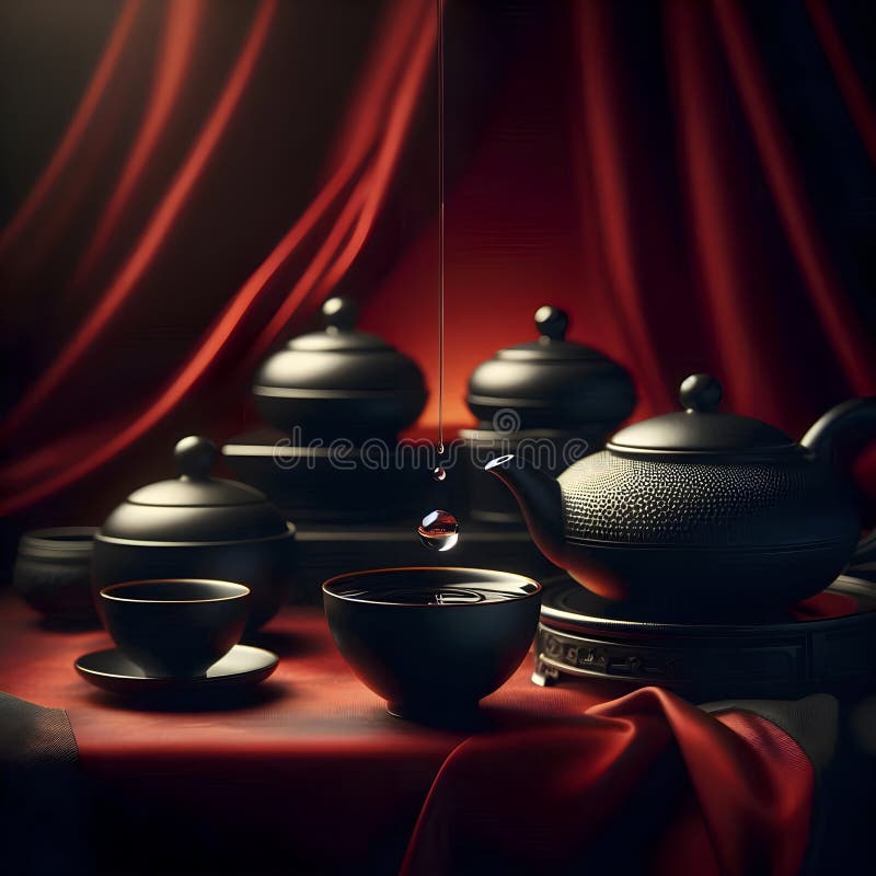 Black Lacquer Tea Set Against a Red Silk Backdrop, Ai Created Image ...