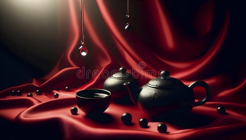 Black Lacquer Tea Set Against a Red Silk Backdrop, Ai Created Image ...
