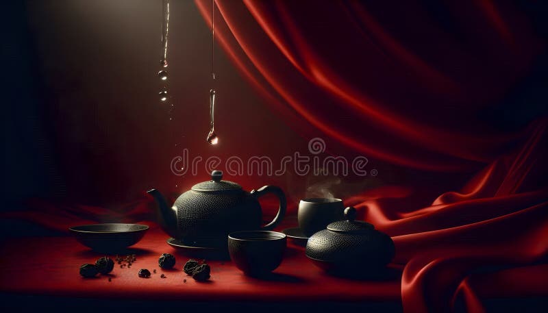 Black Lacquer Tea Set Against a Red Silk Backdrop, Ai Created Image ...