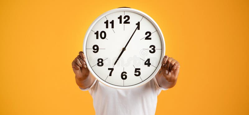 Black Lady Poses with Clock Covering Head Against Orange Background ...