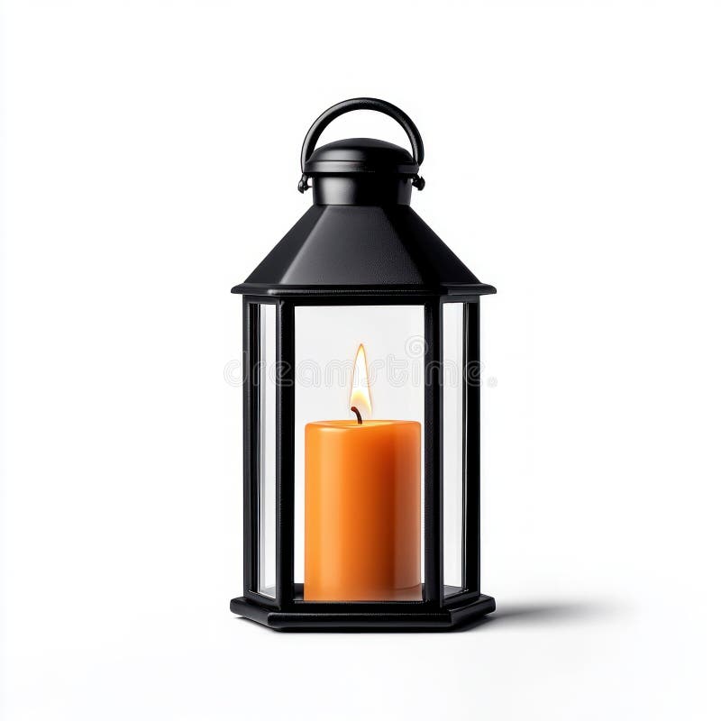Black Lantern with Burning Candle Isolated on White Stock Illustration ...