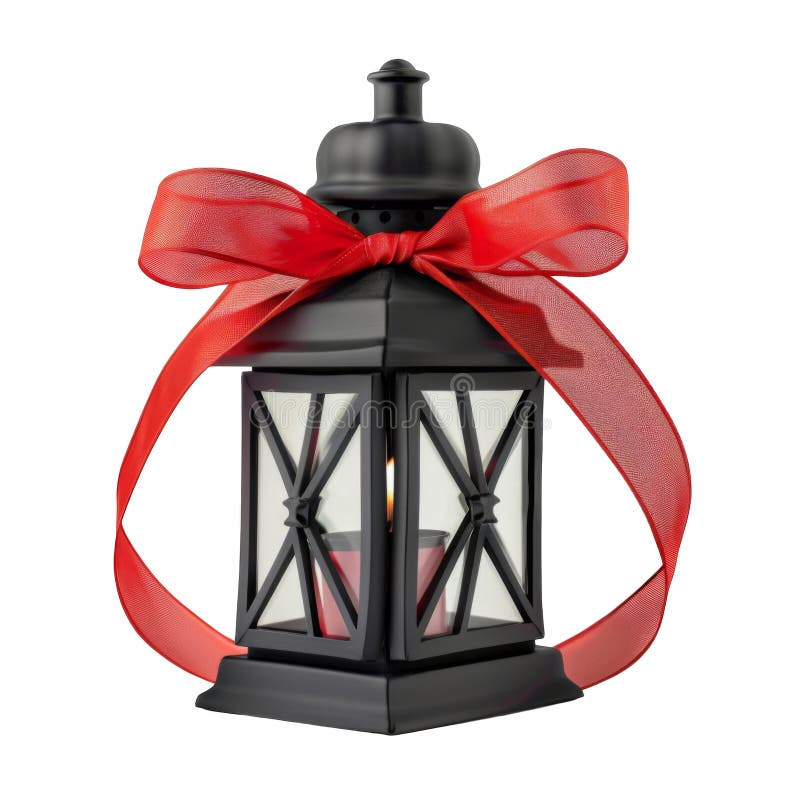 Black Lantern with Red Bow and Candle Inside Stock Image - Illustration ...