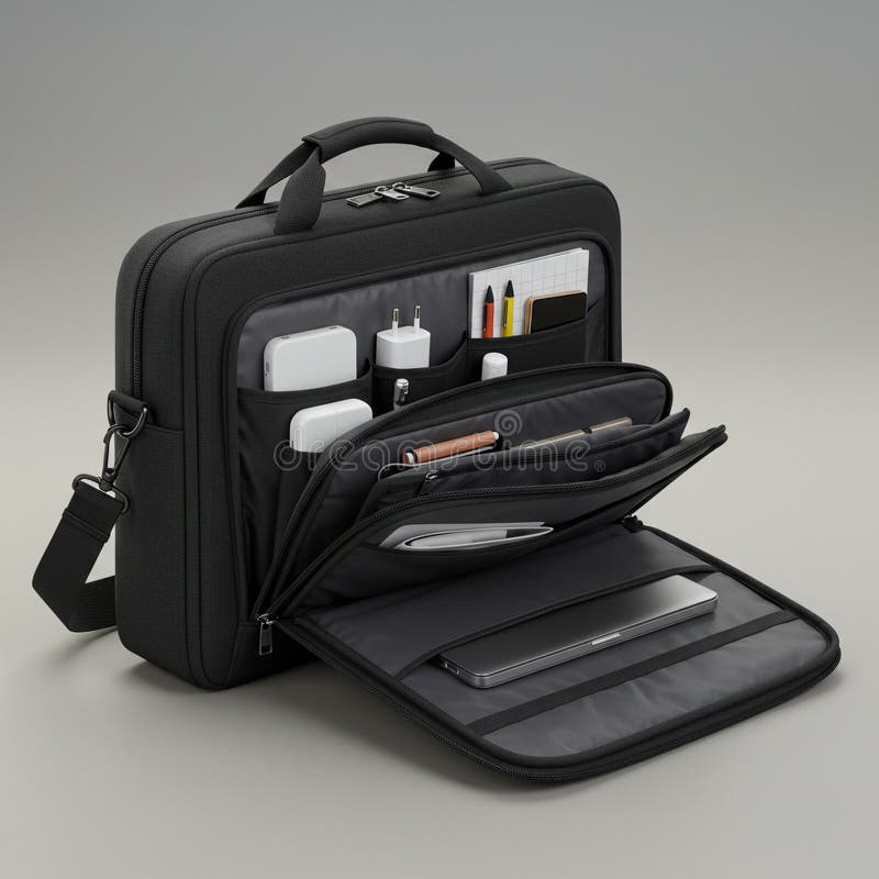 Black Laptop Bag with an Open Front Compartment, Revealing Organized ...