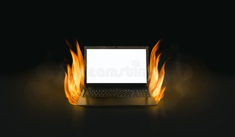 Black Laptop Computer with Burning Fire in Dark Background, Computer ...