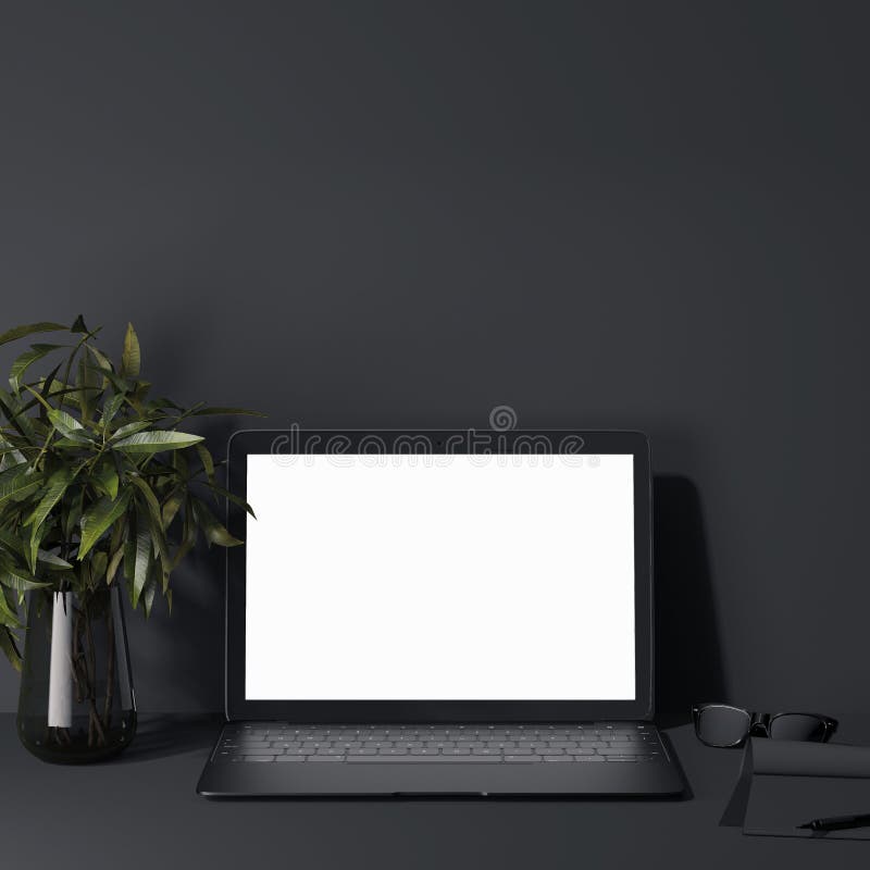 Black Laptop in a Dark Room. 3d Rendering Stock Illustration ...