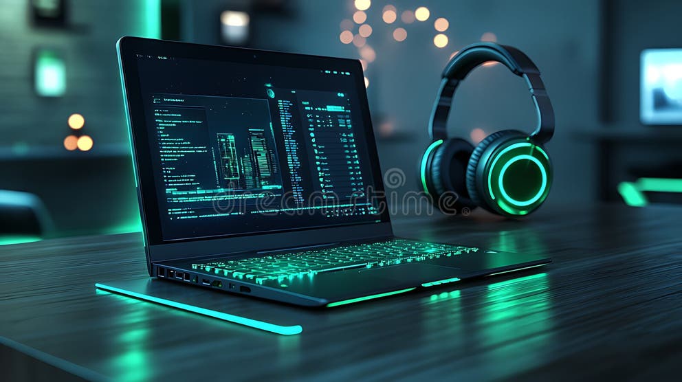 A Black Laptop with a Green Backlight on the Keyboard, a Green Backlit ...