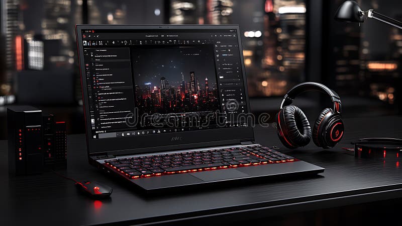 A Black Laptop with a Red Backlit Keyboard, a Headset, and a Mouse on a ...