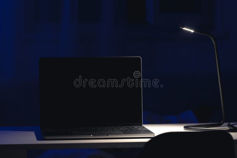 Black Laptop Screen in a Dark Room at Night. Stock Image - Image of ...