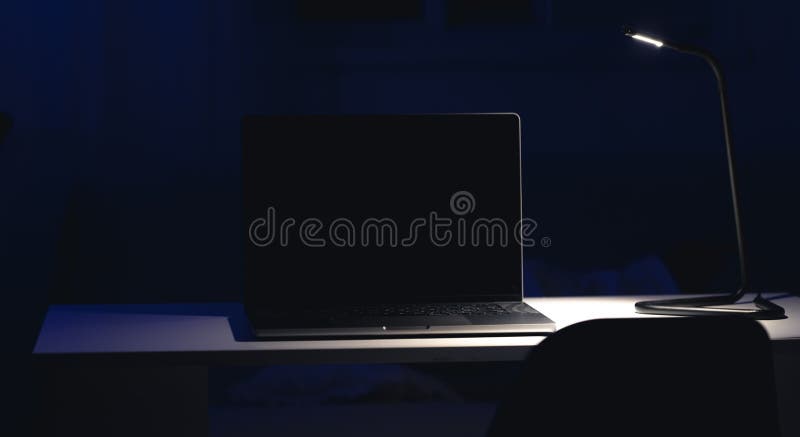 Black Laptop Screen in a Dark Room at Night. Stock Photo - Image of ...