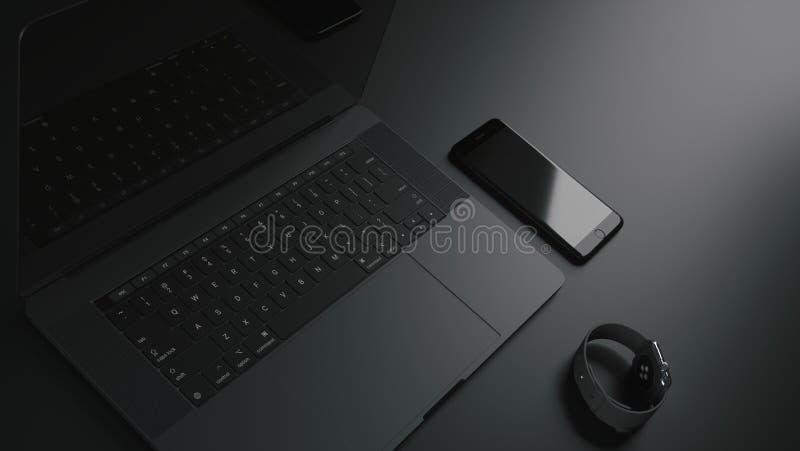 Top View Work Space with Laptop on a Black Background Stock ...