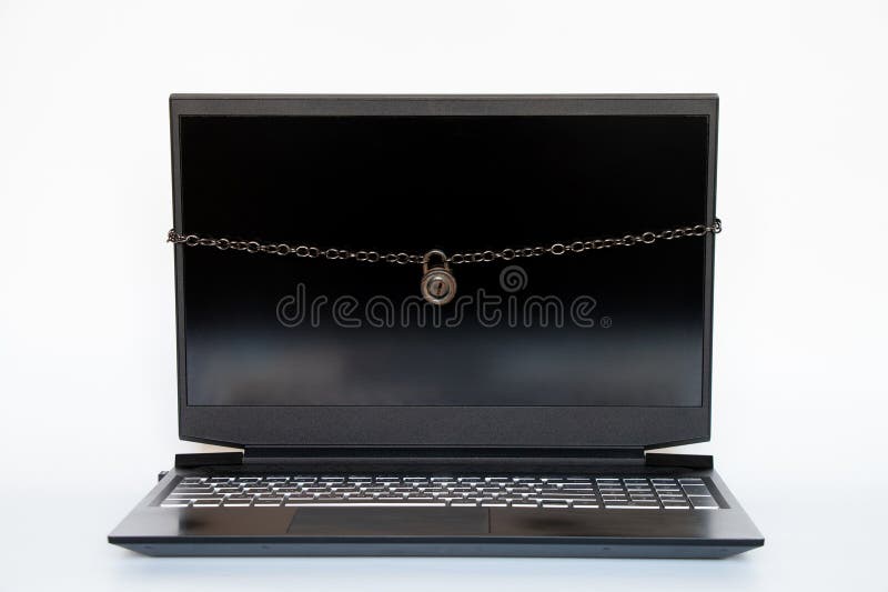 Black Laptop Tied with Chain with a Padlock on a White Background ...