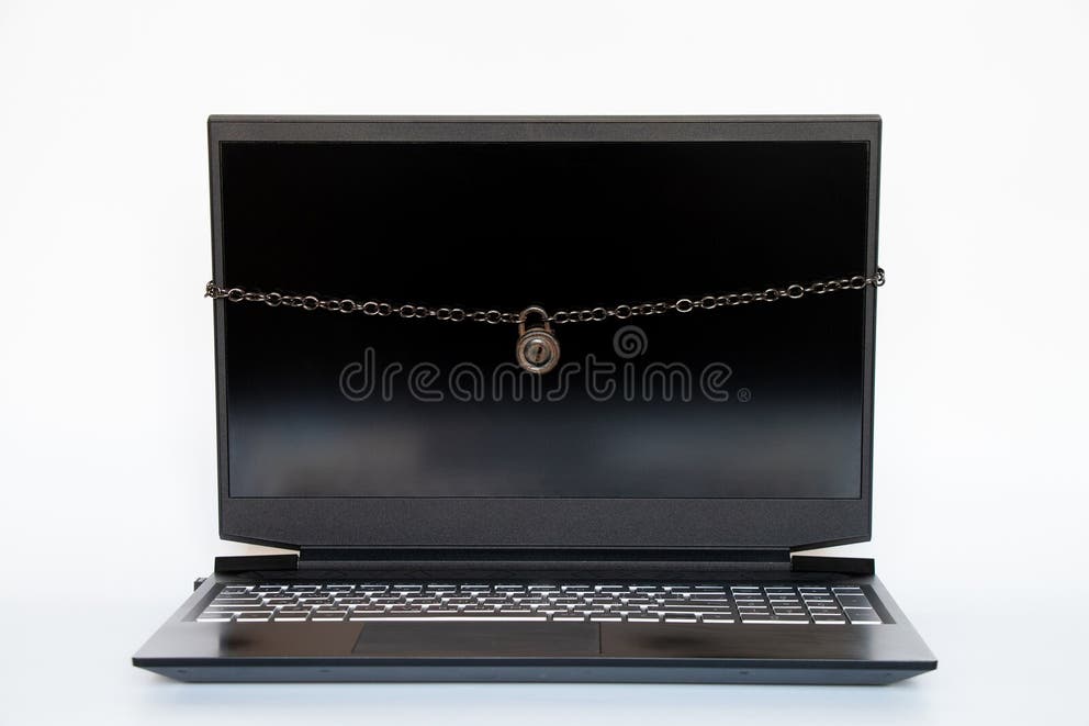 Black Laptop Tied with Chain with a Padlock on a White Background ...