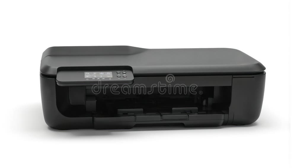 Black Laser Printer Stands Against White Background with Digital ...