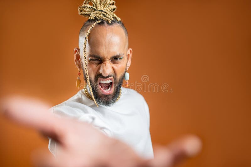 Black Latin Gay Man Outstretching Empty Hand Towards Camera Stock Image Image Of Transexual