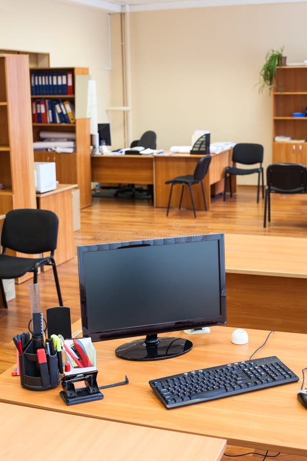 Black Lcd Computer Monitor is Off in Empty Office Room after the End of ...