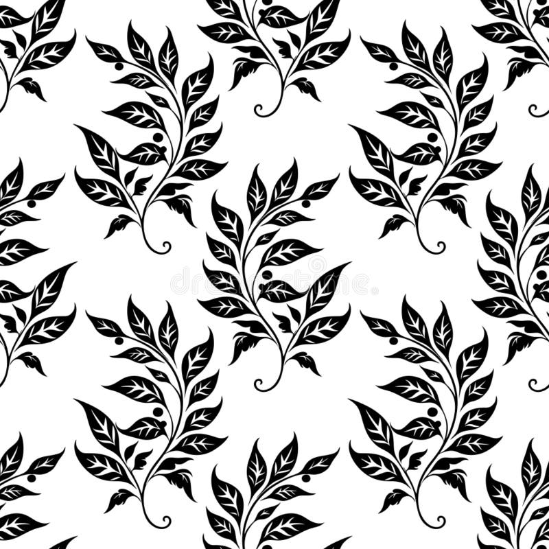 Black Leafy Branches Seamless Pattern on a Crisp White Background Stock ...