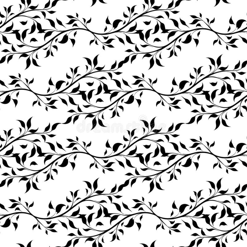 Black Leafy Branches Seamless Pattern on a Crisp White Background Stock ...