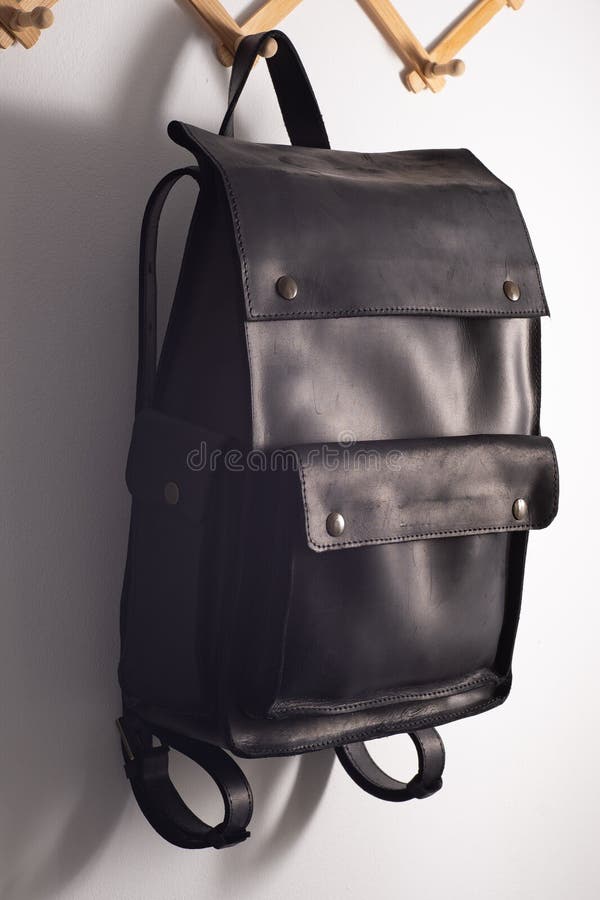 Black Leather Backpack. Classic City Bag Stock Photo - Image of white ...