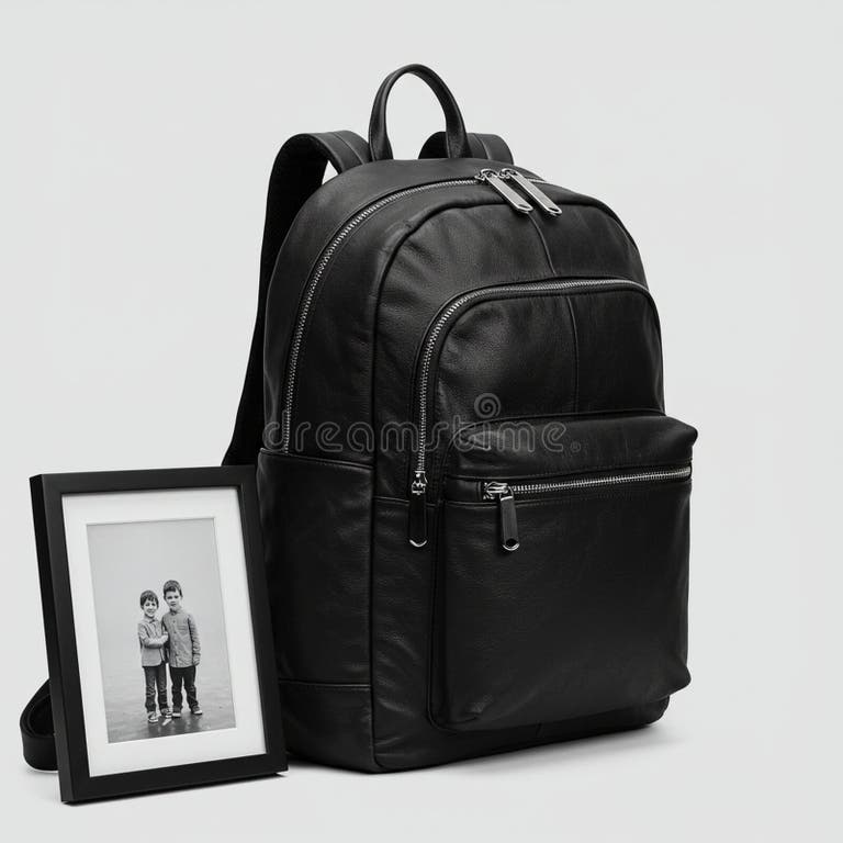 Black Leather Backpack with Multiple Zippered Compartments Stands beside a Black Stock ...