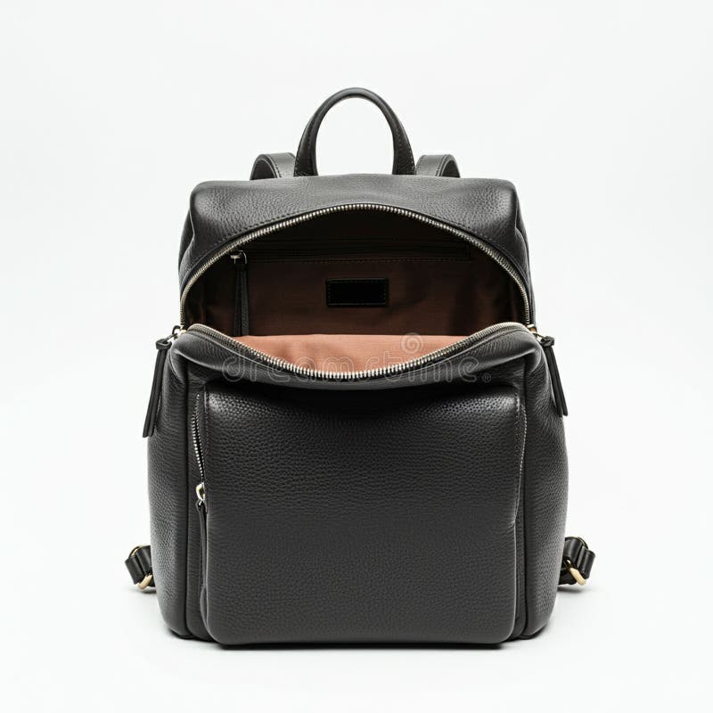 Black Leather Backpack with a Pebbled Texture, Featuring a Main ...