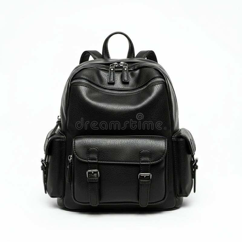 Black Leather Backpack with a Smooth Texture and Multiple Compartments ...