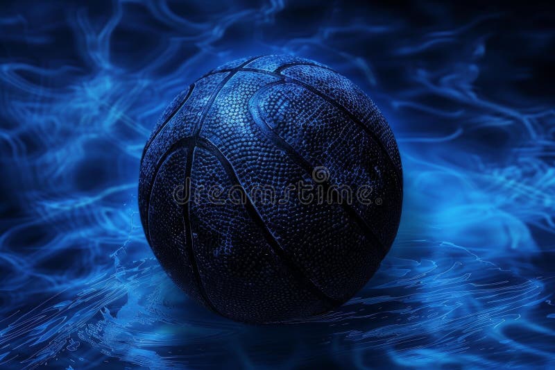 Black Leather Basketball Floating on Blue Abstract Background Stock ...
