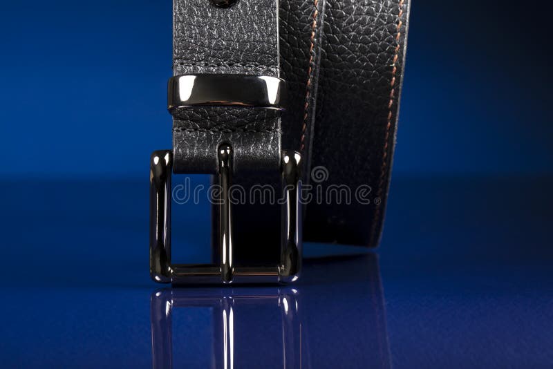 Black Leather Belt on a Dark Blue Stock Image - Image of clothing ...