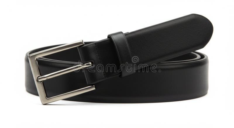 A Black Leather Belt is Shown, Featuring a Polished Silver Rectangular ...