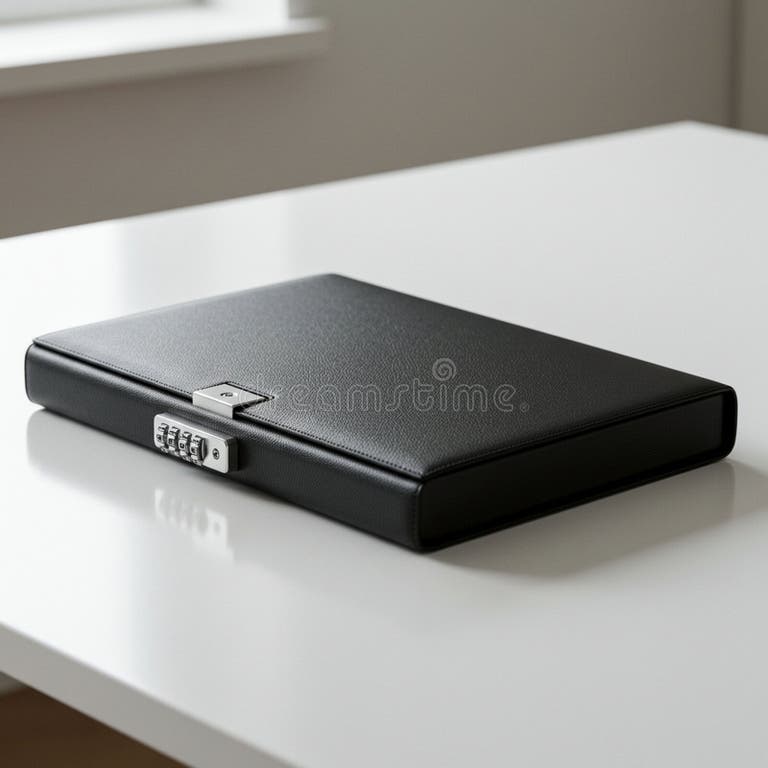 Black Leather Binder on a White Table. it Features a Combination Lock ...