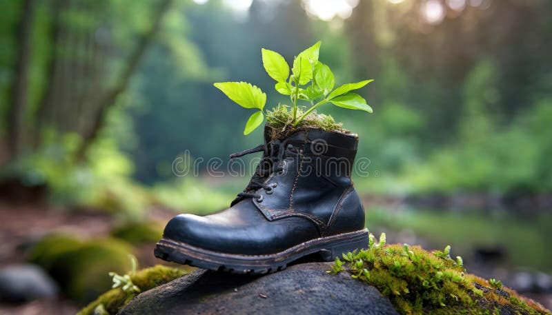 Black Leather Boot with Green Plant Growing Inside in a Forest Setting ...