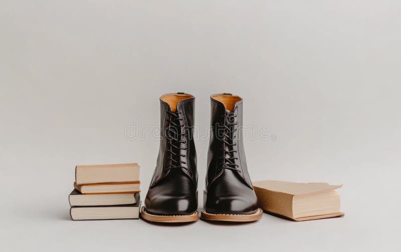 Black Leather Boots and Stacked Books on White Background Stock ...