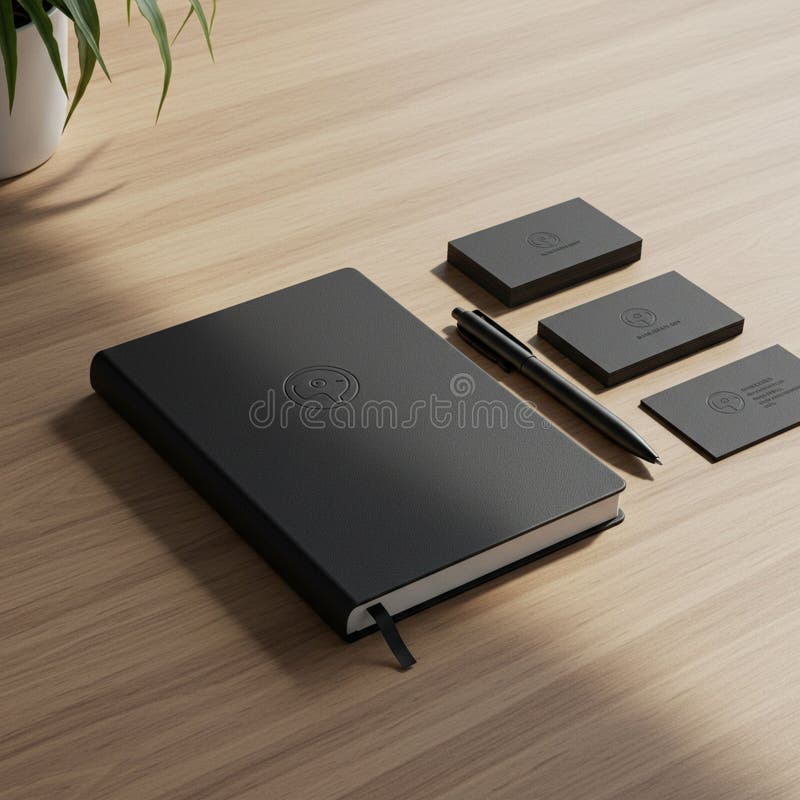 Black Leather-bound Notebook, Embossed with a Logo, Rests on a Light ...