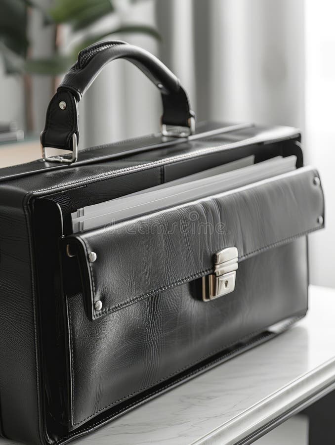 Black Leather Briefcase on a Marble Table with Documents Inside. Stock ...