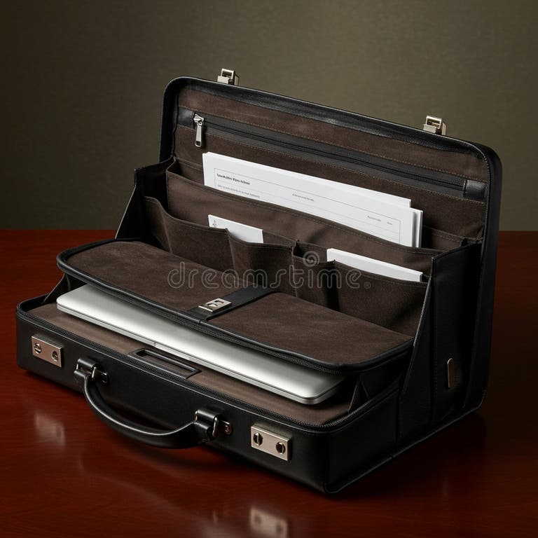 A Black Leather Briefcase is Open on a Wooden Surface, Displaying Various Stock Illustration ...