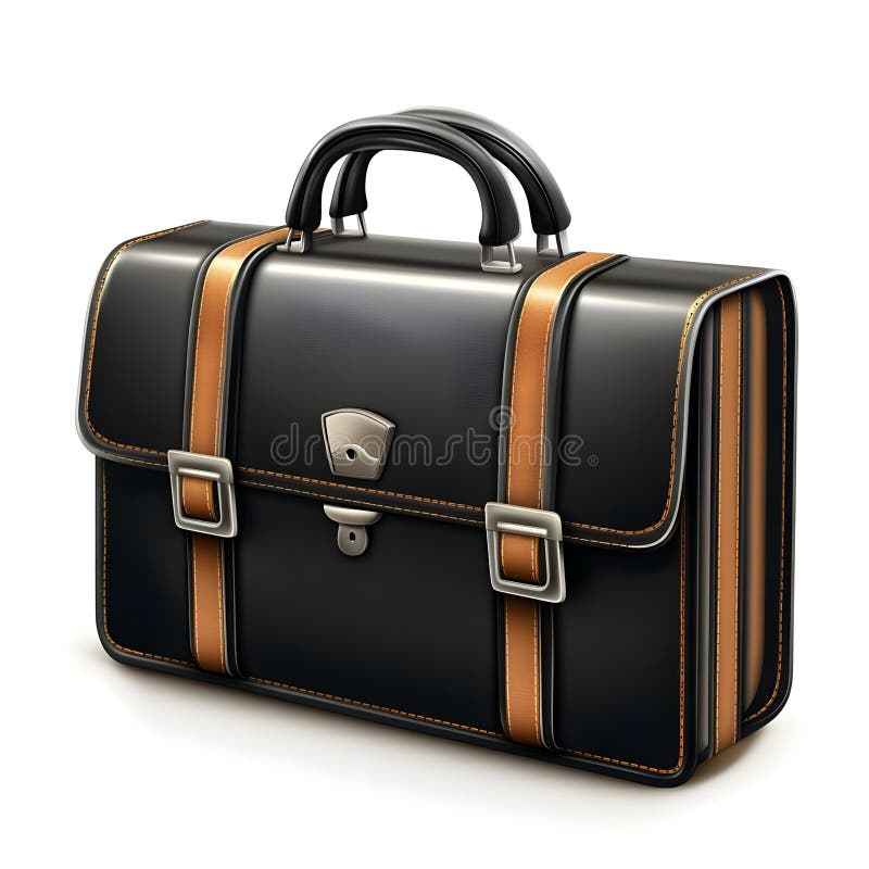 Black Leather Business Briefcase with Brown Straps on White Background ...