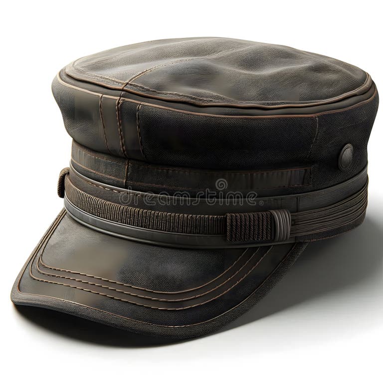 Black Leather Cap with a Textured Band and Button on a Light Background ...