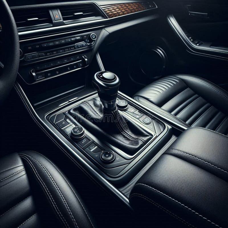 Black Leather Car Interior with Gear Shift and Controls Stock ...